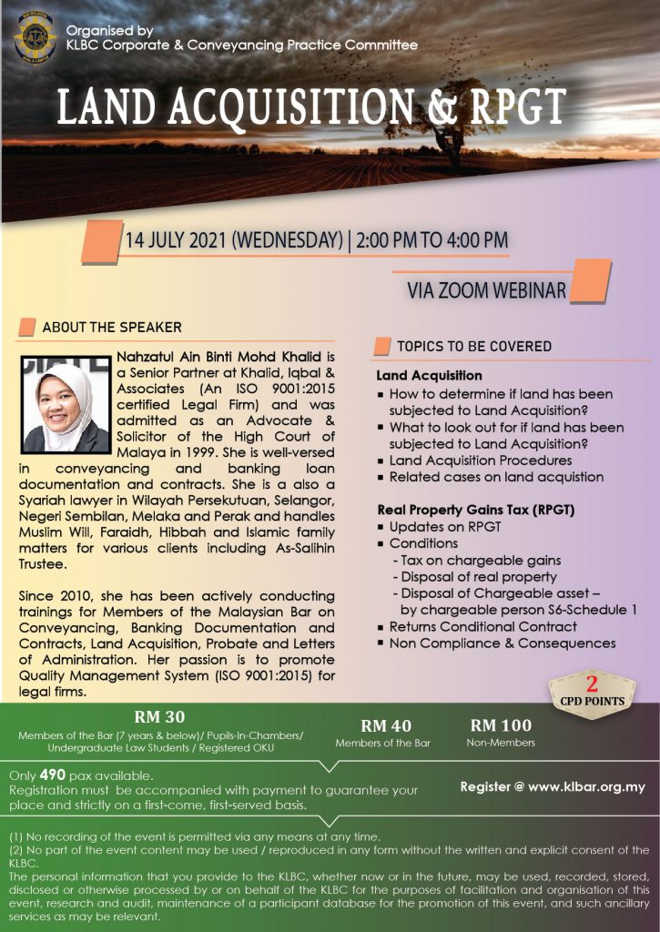 Land Acquisition & RPGT On 14 July 2021 - KL BAR