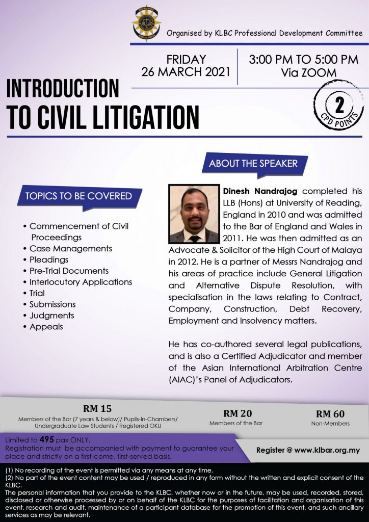 Webinar on An Introduction to Civil Litigation on 26 March 2021 - KL BAR