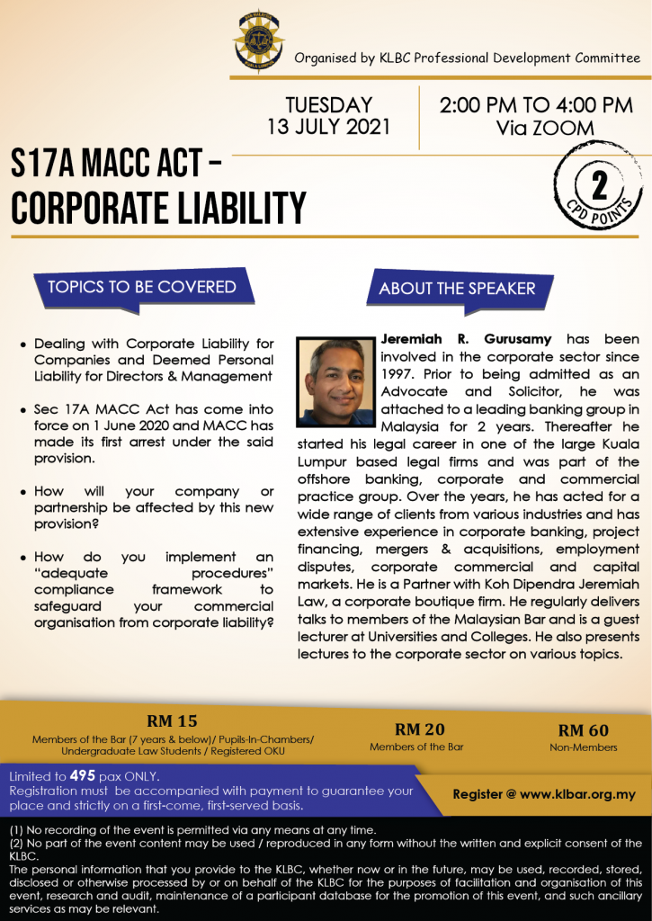 S17A MACC Act – Corporate Liability on 13 July 2021 - KL BAR