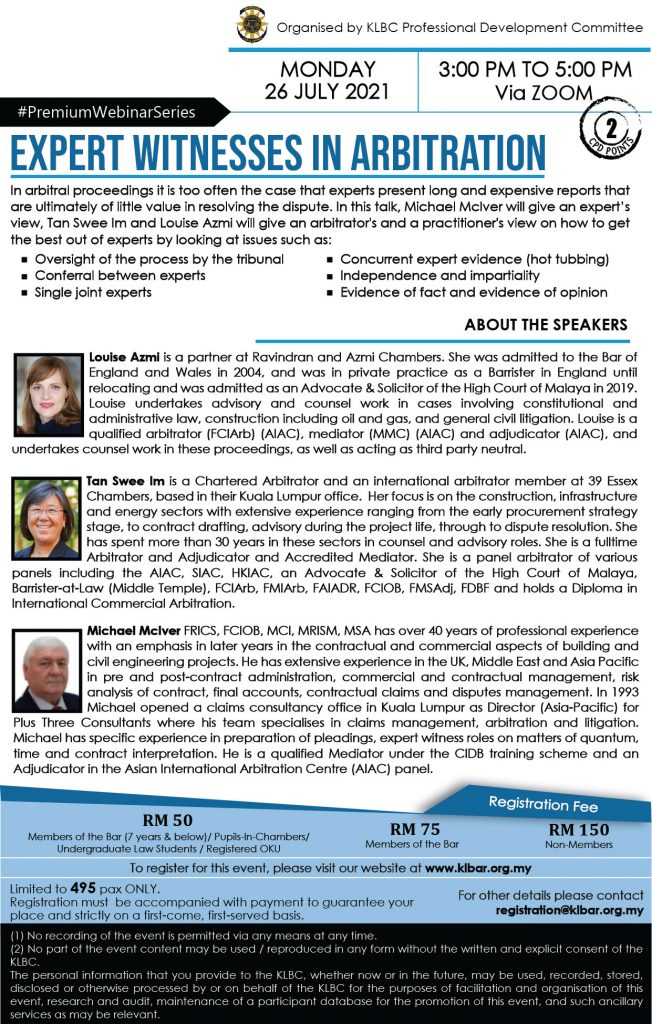 Expert Witnesses in Arbitration on 26 July 2021 - KL BAR