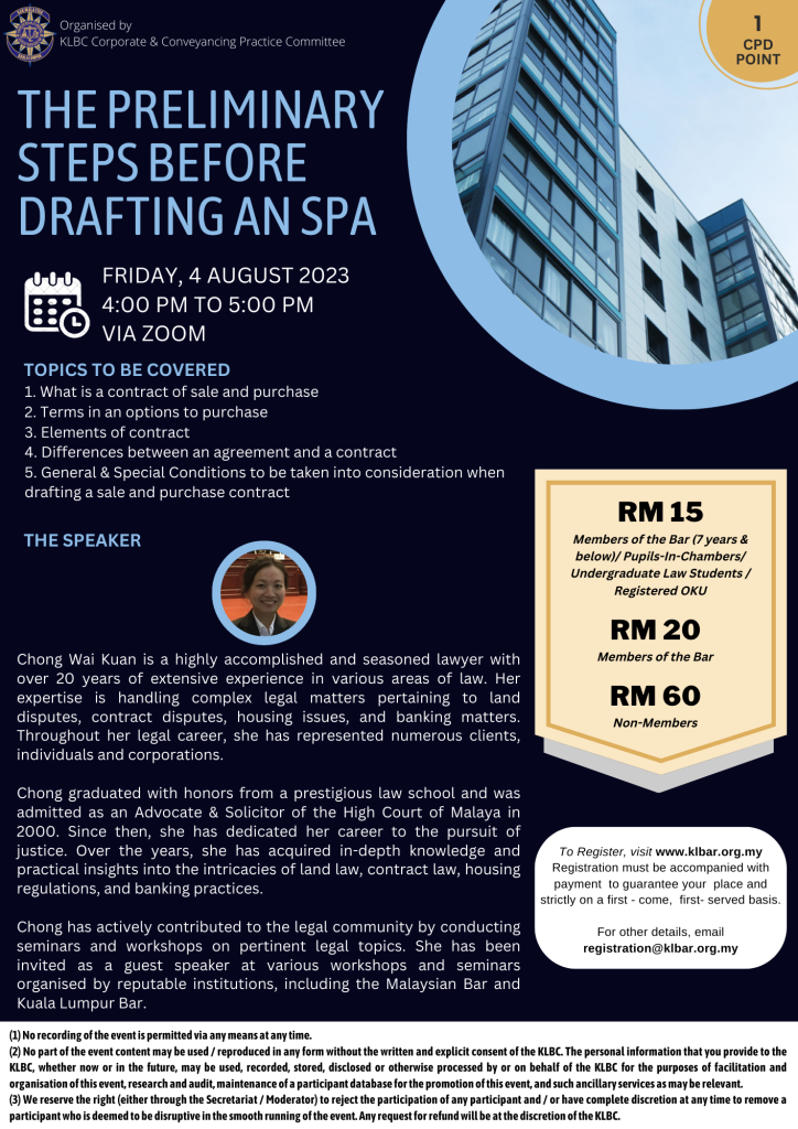 The Preliminary Steps Before Drafting An SPA On 4 August 2023 - KL BAR The Preliminary Steps Before Drafting An SPA On 4 August 2023 - KL BAR